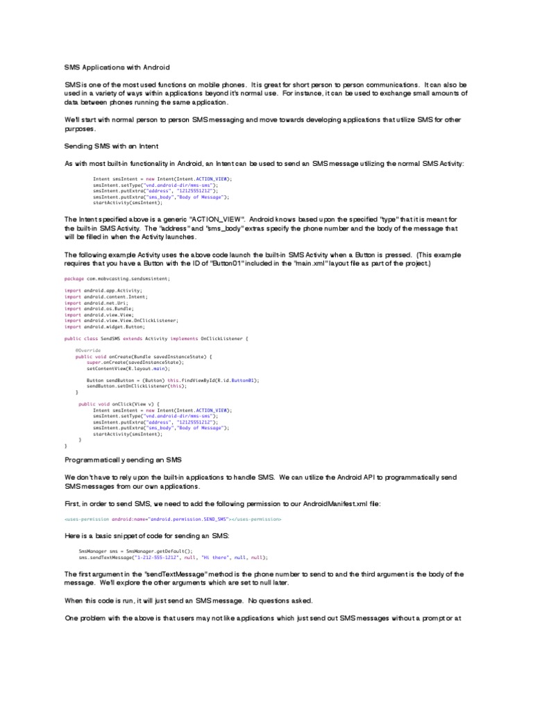 SMS Applications with Android - Develop SMS Apps and Handle SMS | PDF ...