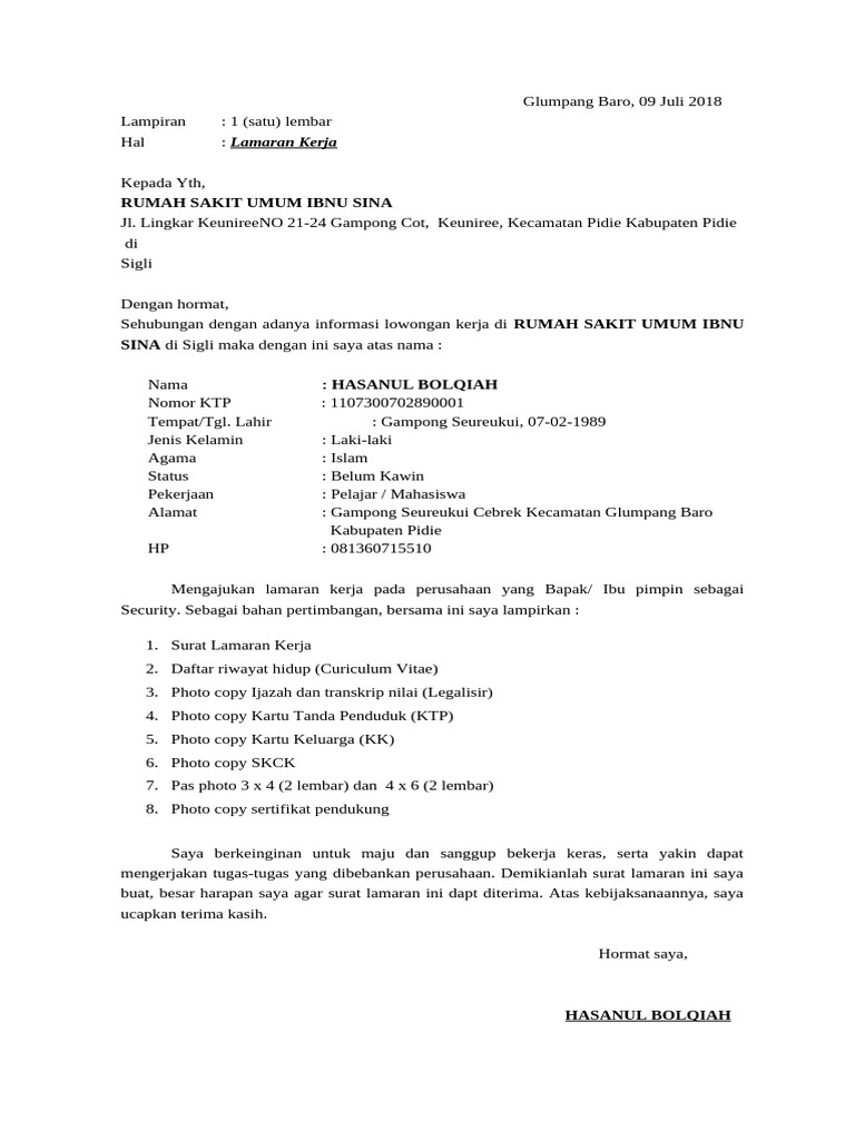 Surat Lamaran Kerja Abu Riki Ibnu Sina | PDF