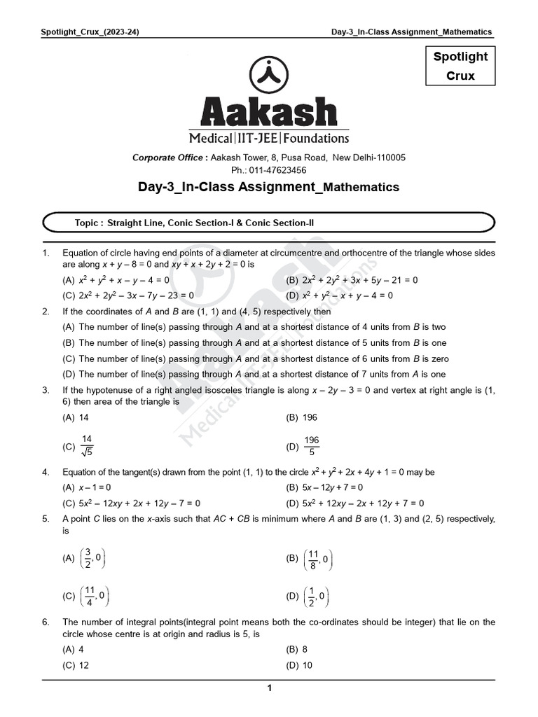 Spotlight - Crux (2023-24) - Day-3 - In-Class Assignment - Mathematics - (Only Que.) | PDF ...