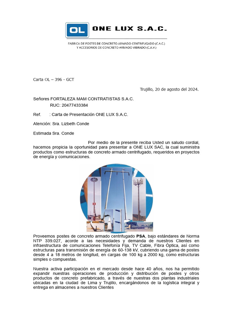 CARTA DE PRESENTACION POSTES ONE LUX Carta OL - 396 - GCT | PDF