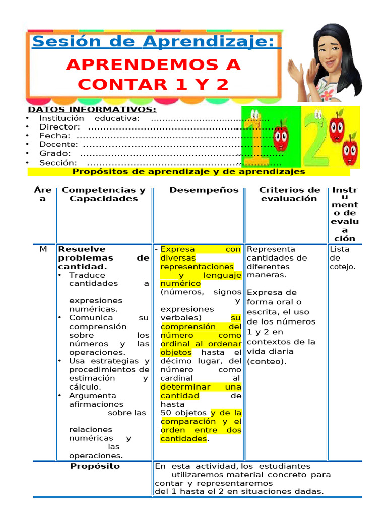 Sesion de Aprendizaje Aprendemos A Contar 1 y 2 | PDF | Aprendizaje ...