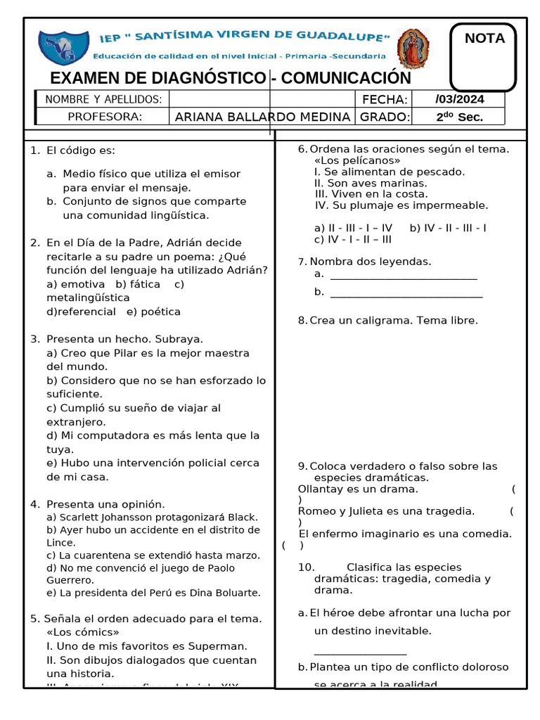 Prueba de Diagnóstico de 2do Sec. | PDF