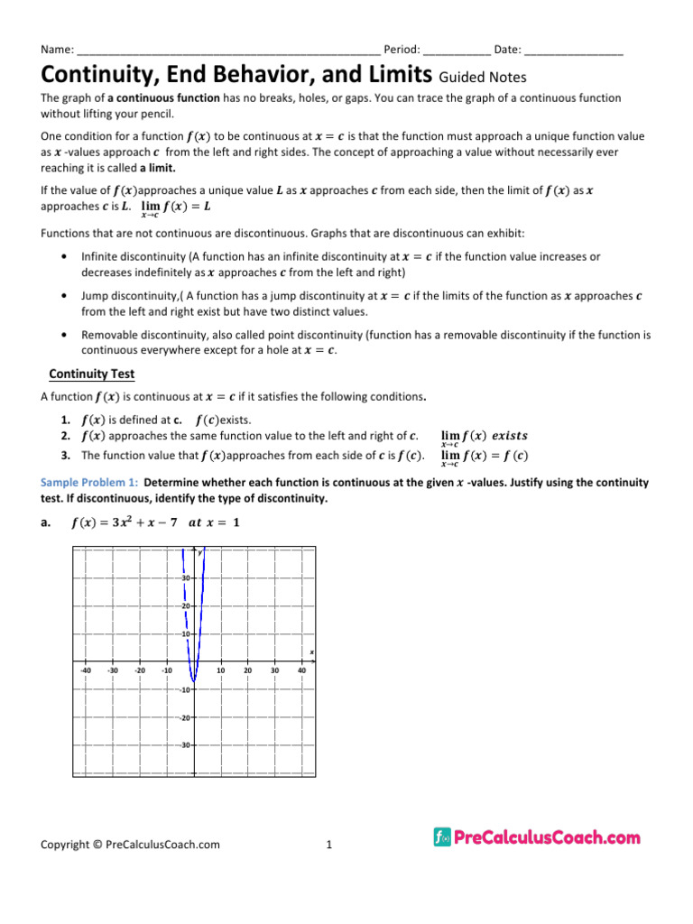 1 3 Guided Notes SE Continuity End Behavior and Limits | PDF ...