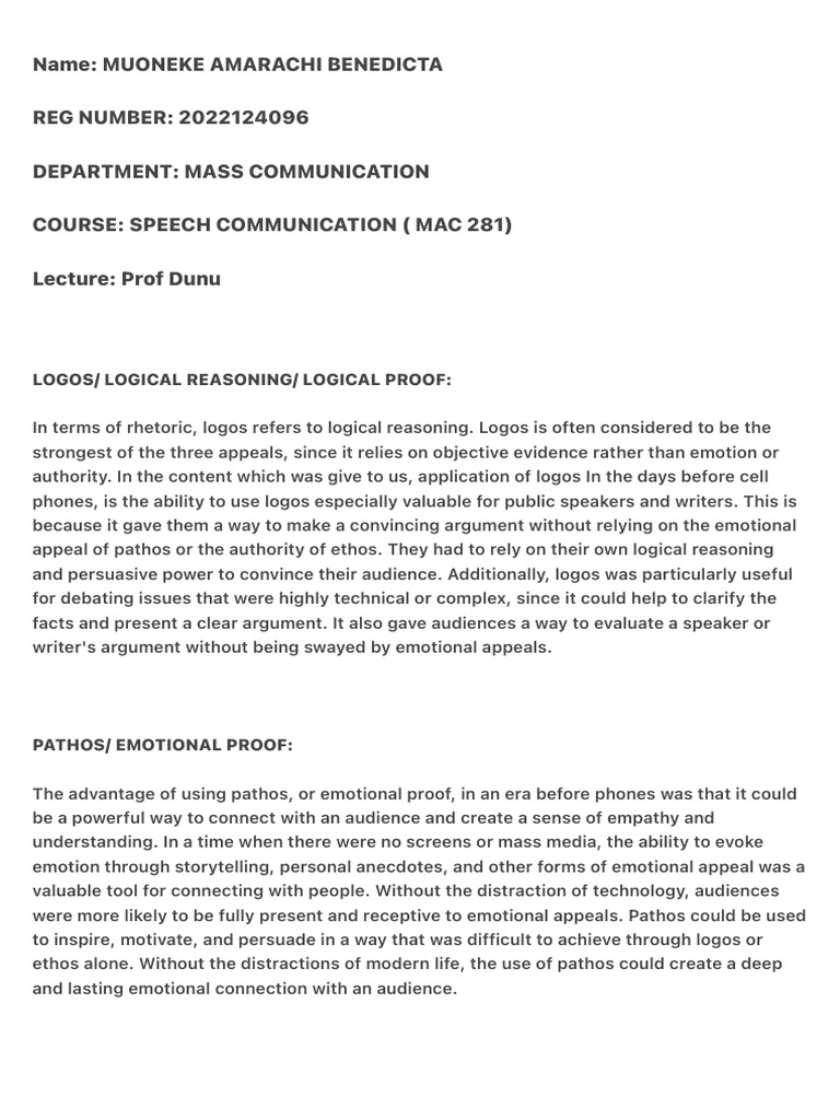 Rhetorical Appeals in Speech Communication | PDF | Logos | Public Speaking