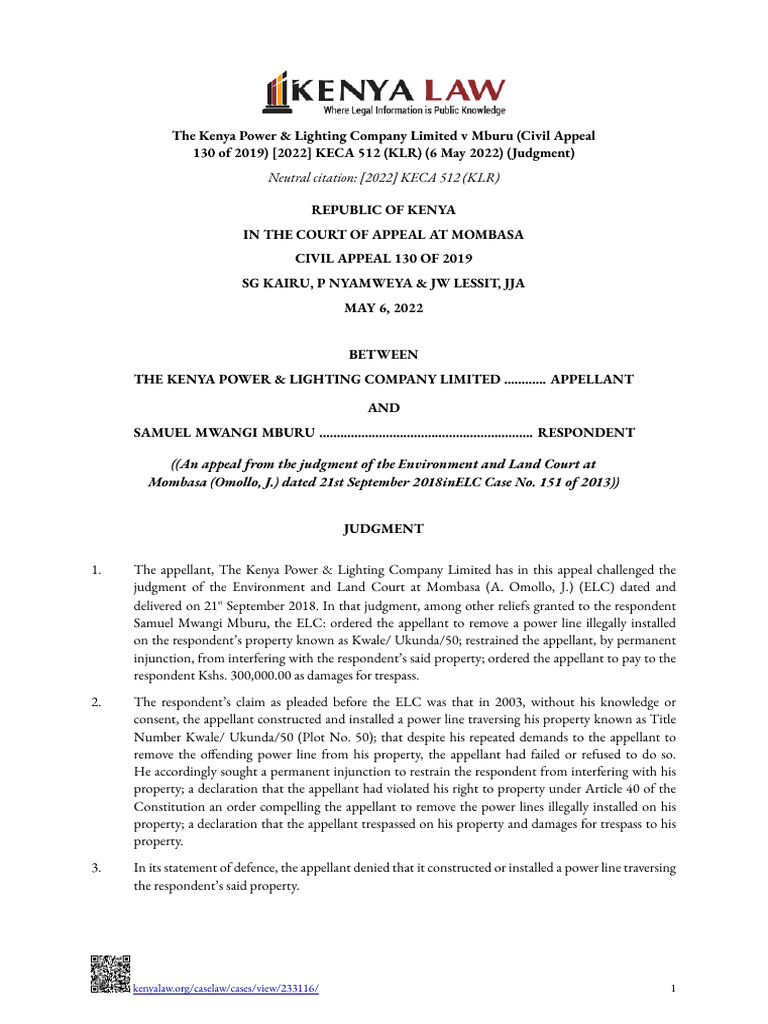 KPLC V Mburu Case (Appeal) - 1 | PDF | Appellate Court | Appeal
