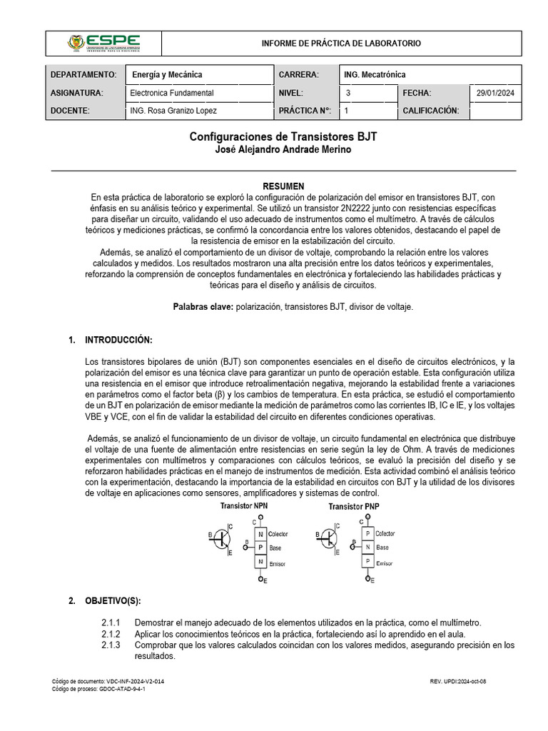 INF PRACTICA LABORATORIO P2 | PDF | Transistor de unión bipolar | Transistor