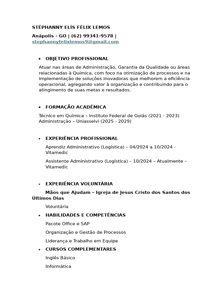 Currículo de Stéphanny Lemos - Administração e Química | PDF