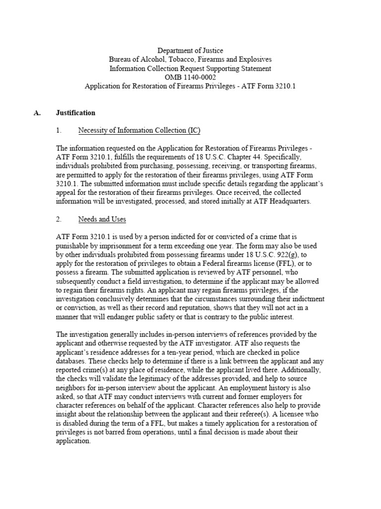 Justification For OMB 1140-0002 (ATF Form 3210.1) 7.20.2020 | PDF ...