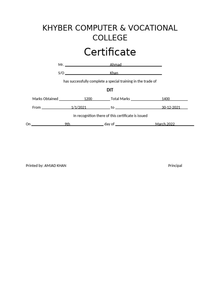 Vocational Certificate in DIT | PDF