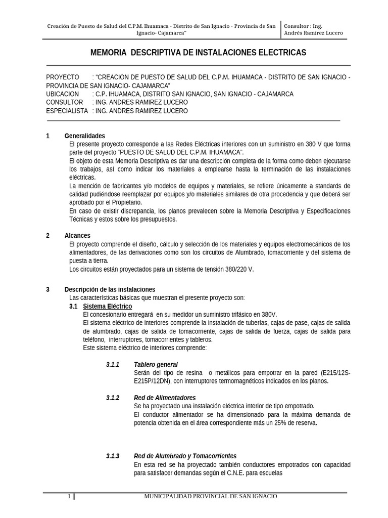 1.4 Memoria Descriptiva I. Eléctricas | PDF | Enchufes y tomas de corriente alterna | Conductor ...