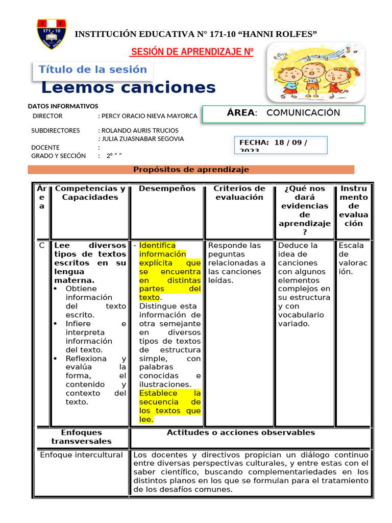 Sesión Día Lunes Com Leemos Canciones | PDF | Aprendizaje