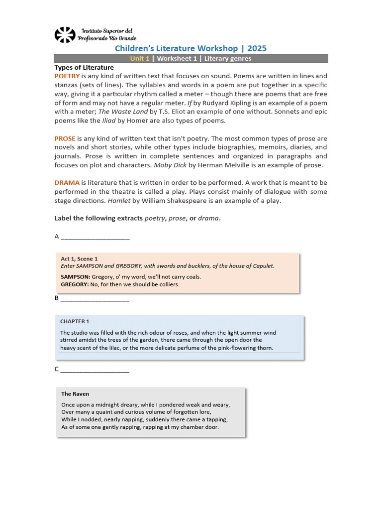2 - Worksheet 1 Literary Genres | PDF