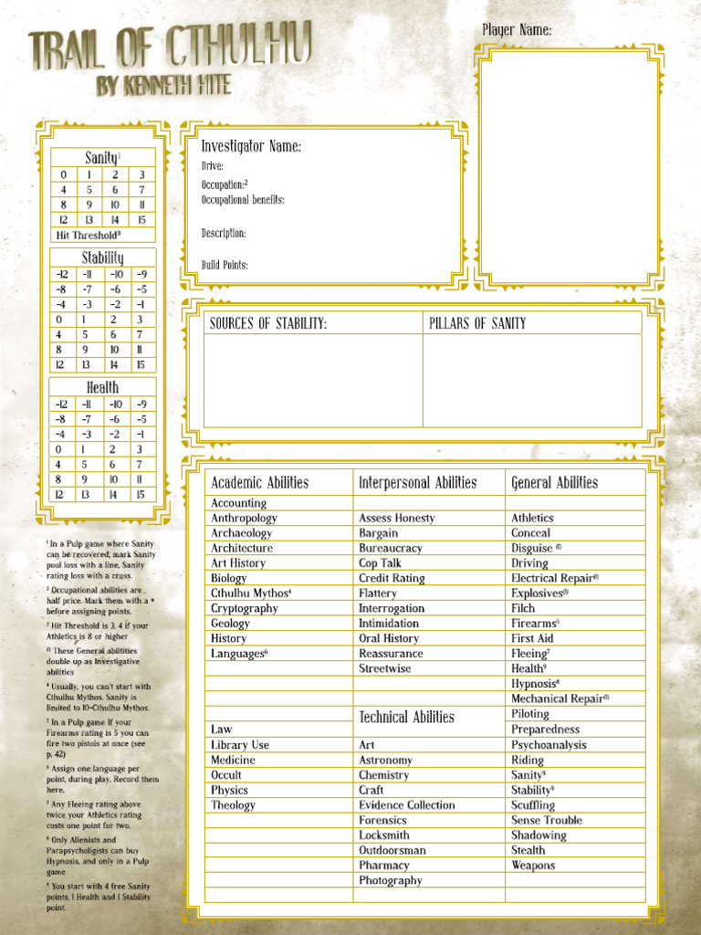 Charater Sheet - TrailofChutulu | PDF