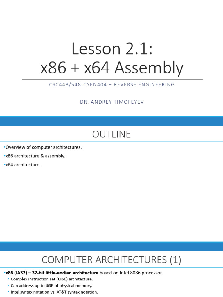 Lesson 2.1 - Intro + x86-x64 Assembly | PDF | 64 Bit Computing | Computer Architecture