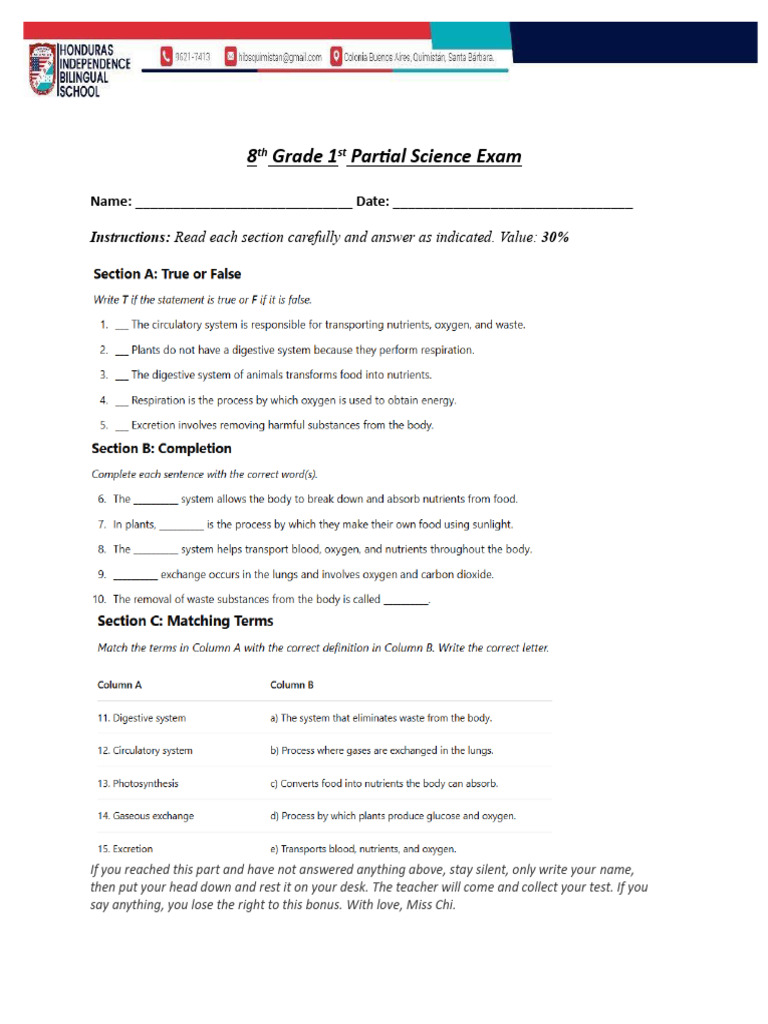 8th Grade 1st Partial Science Exam | PDF