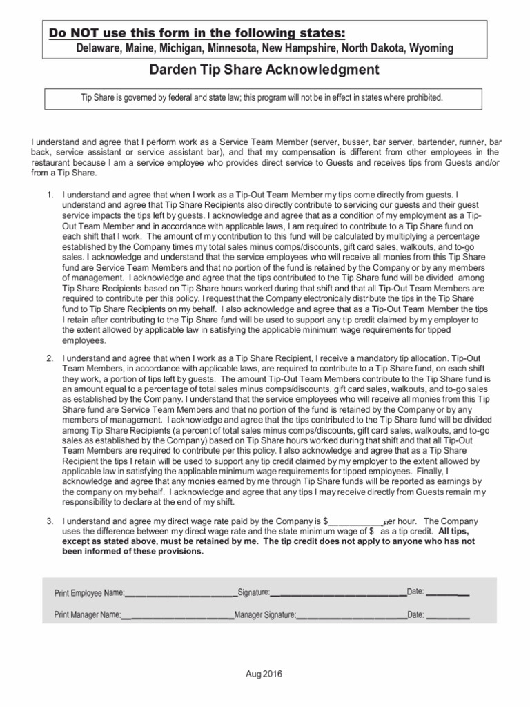 Darden Tip Share Acknowledgment Form | PDF | Wages And Salaries ...