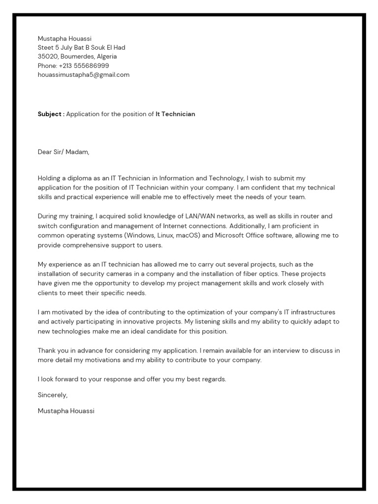 IT Technician Job Application Letter | PDF