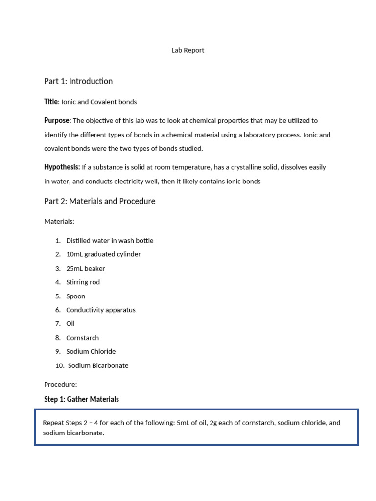 Ionic vs Covalent Bonds Lab Report | PDF | Salt (Chemistry) | Chemical Bond