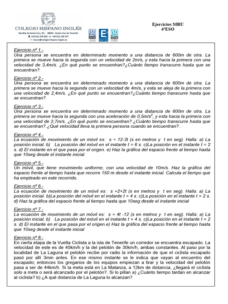 Ejercicios MRU I | PDF | Velocidad | Movimiento (física)