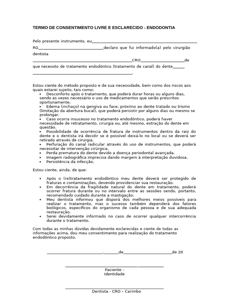 Consentimento para Tratamento Endodôntico | PDF | Odontologia ...