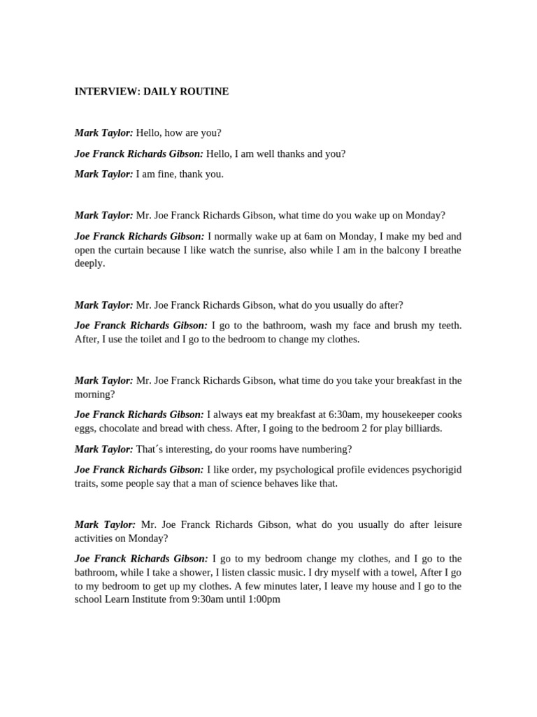 Daily Routine Interview | PDF | Eating Behaviors Of Humans | Foods