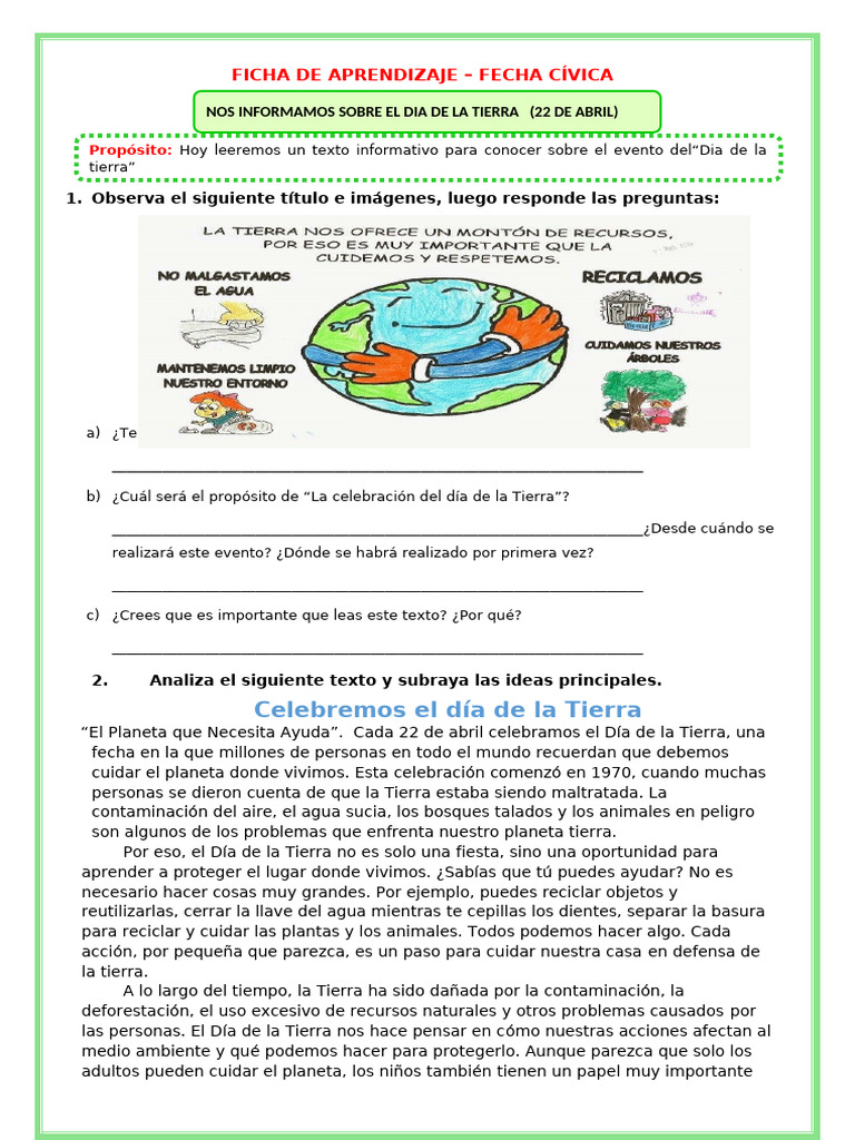 Ficha-Mart-Fecha Cívica-Dia de La Tierra | PDF | Tierra | Entorno natural
