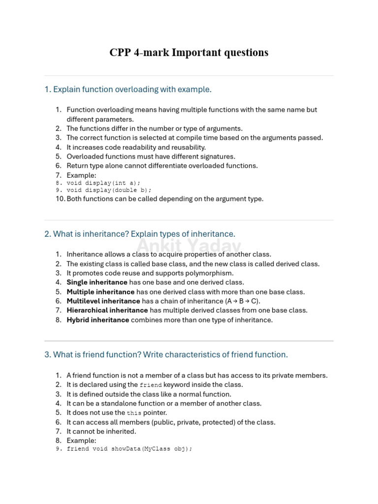 CPP 4 Marks Important Questions | PDF | Inheritance (Object Oriented Programming) | Class ...