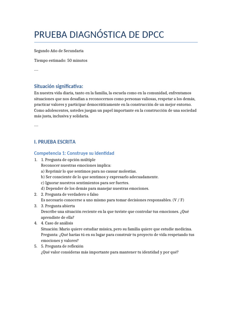 Evaluacion Diagnostica DPCC Segundo Secundaria | PDF | Las emociones