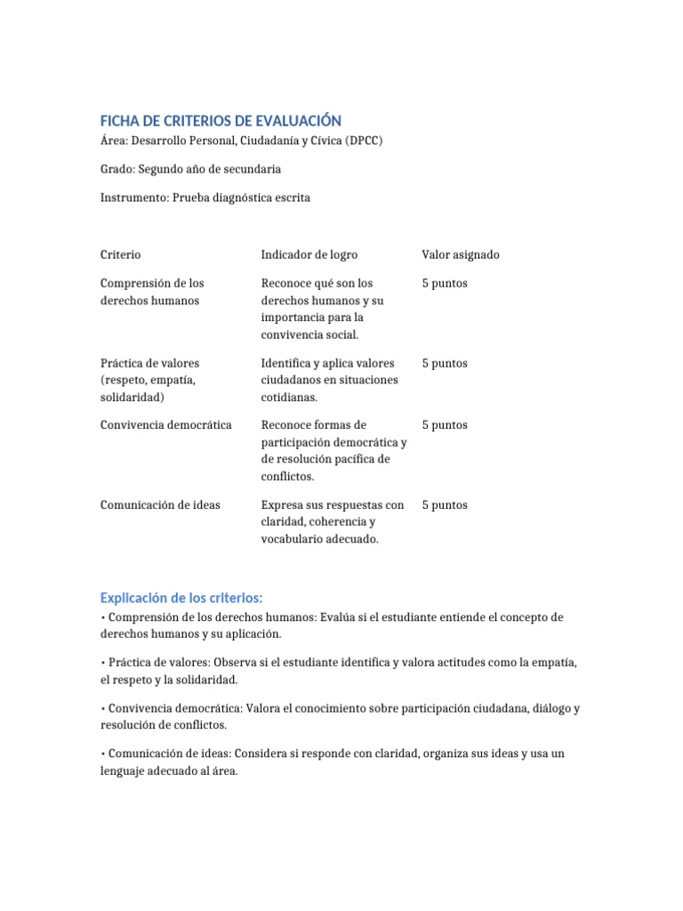 Ficha Criterios Evaluacion DPCC | PDF