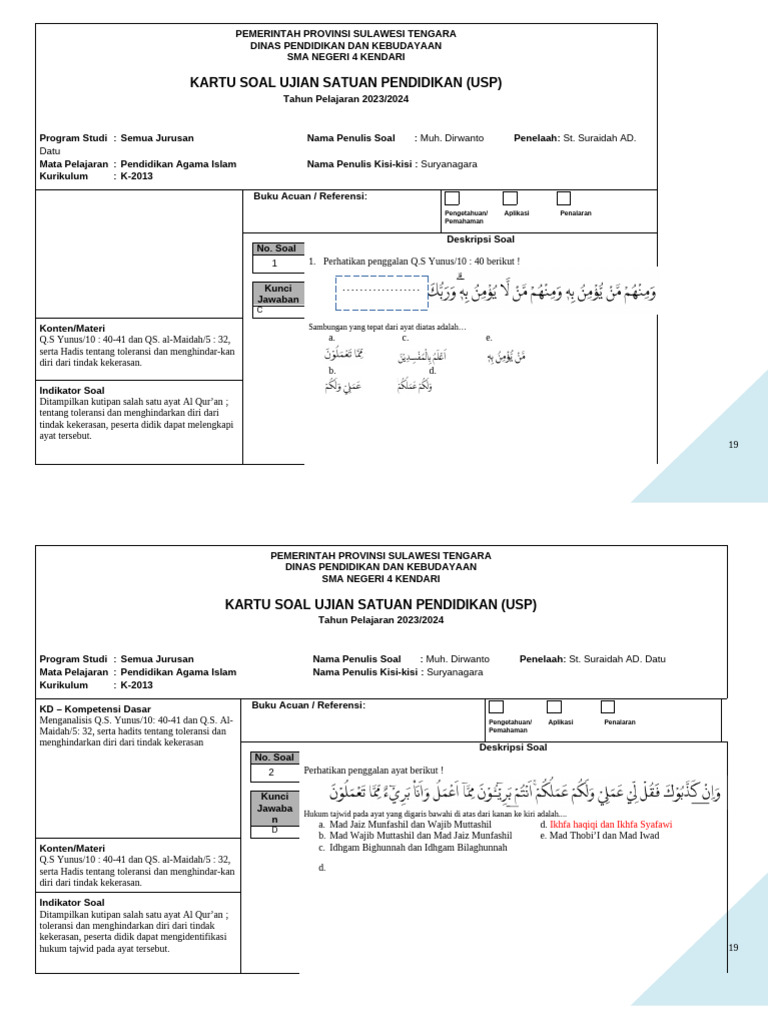 Kartu Soal Pai KLS Xi Genap 2025 | PDF