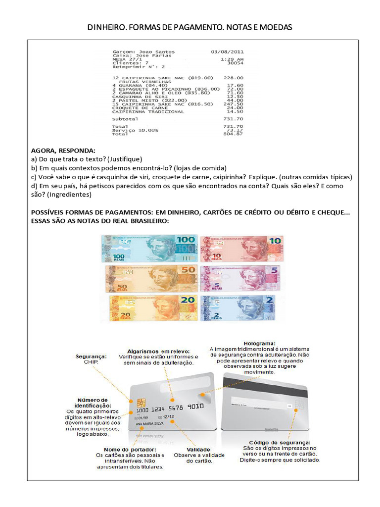 DINHEIRO. FORMAS DE PAGAMENTO. NOTAS E MOEDAS | PDF