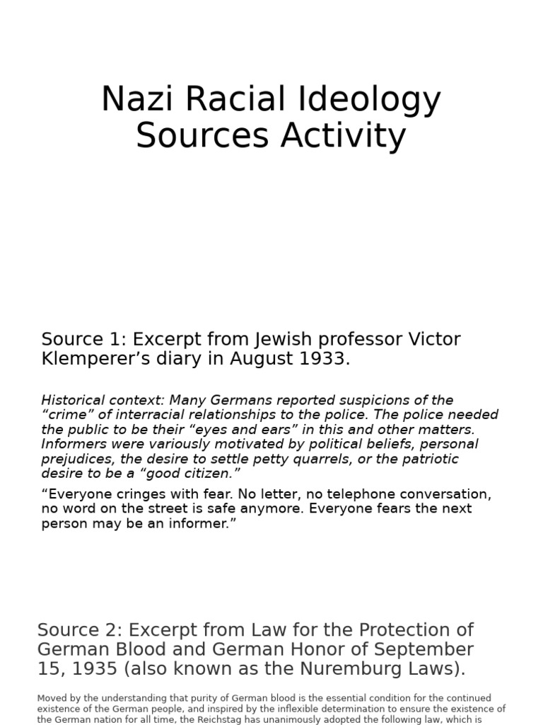 Nazi Racial Ideology Sources Activity | PDF | Nazi Germany | Nazism