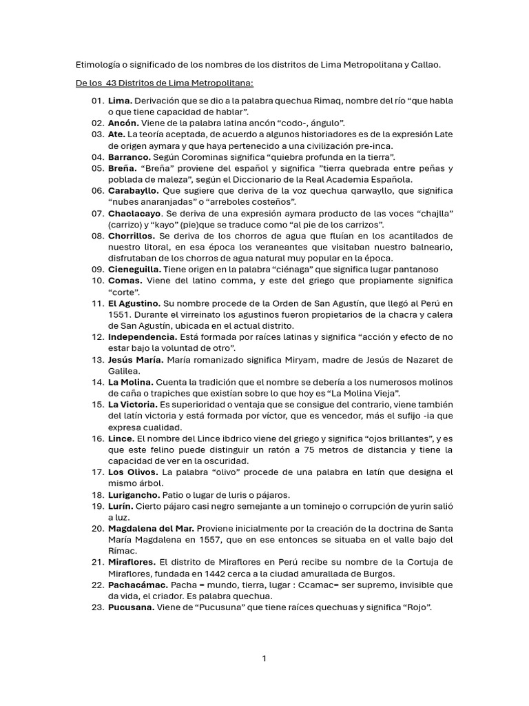 Etimología de los distritos de Lima | PDF | Lima