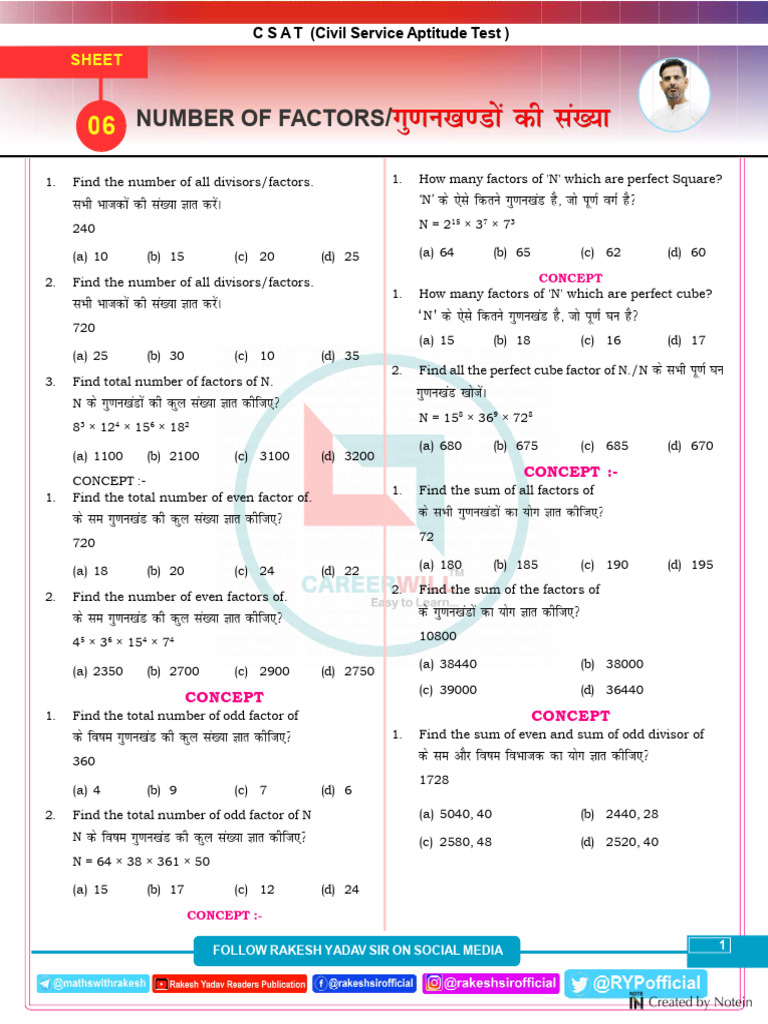 No. of Factor Sheet-01 - 482691 - Crwill | PDF | Ring Theory | Numbers