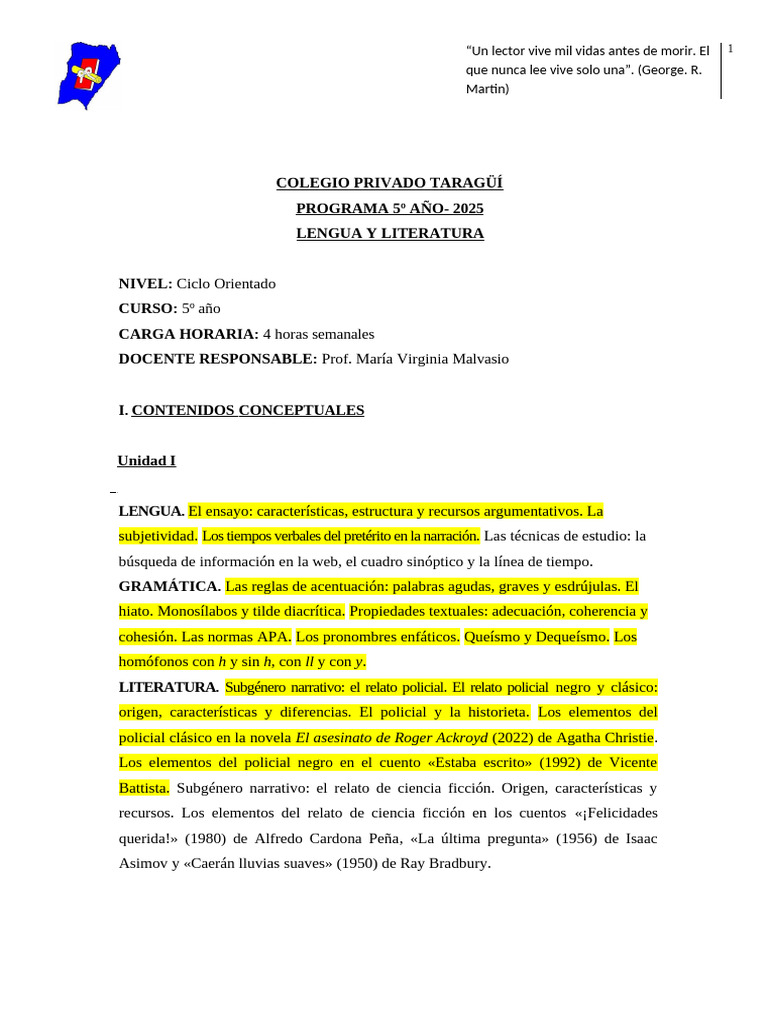 Programa Lengua y Literatura 5° Año | PDF