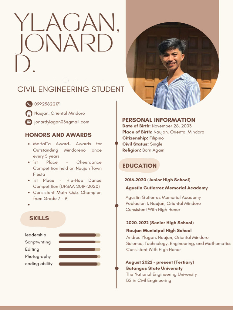 Jonard D. Ylagan: Civil Engineering Student Profile | PDF