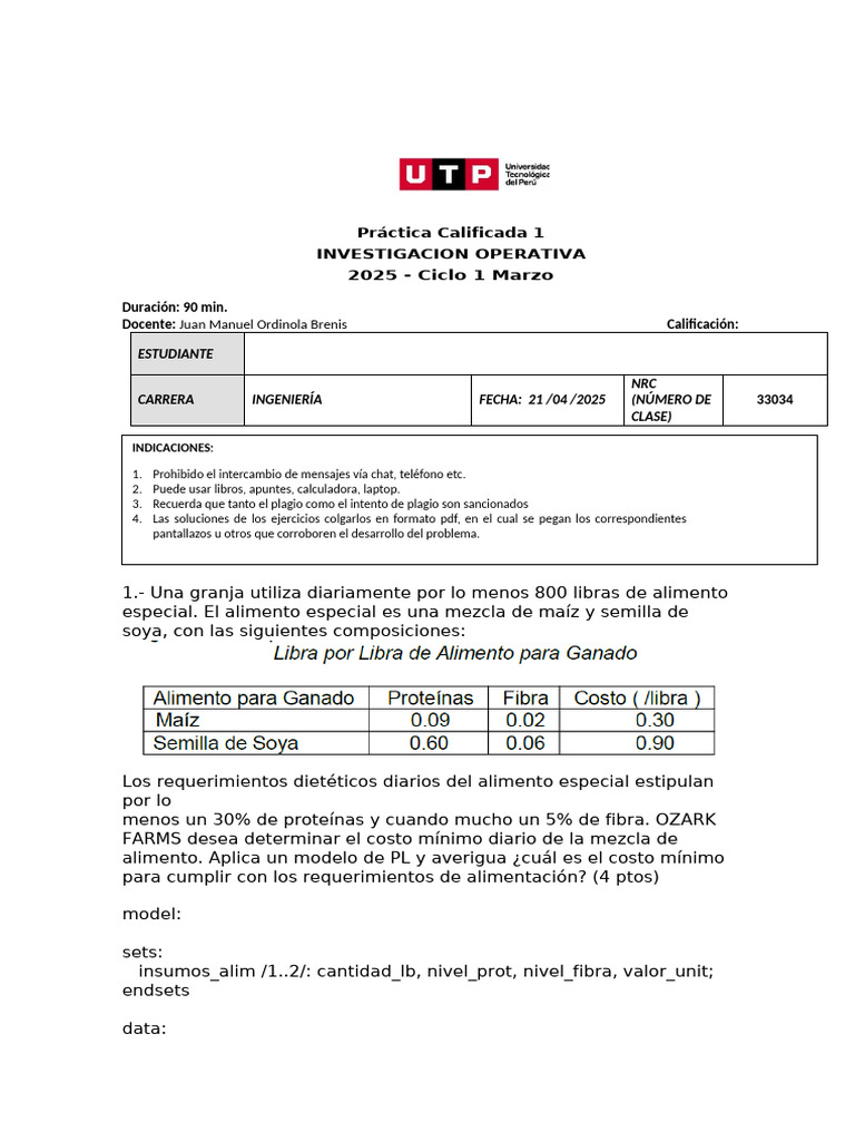 Duración: 90 Min. Docente: Calificación:: Juan Manuel Ordinola Brenis | PDF