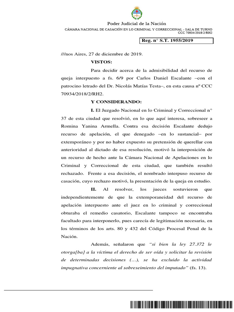 Escalante CNCCC Sala de Turno Confirma Tacitamente Ley 27.372 | PDF ...