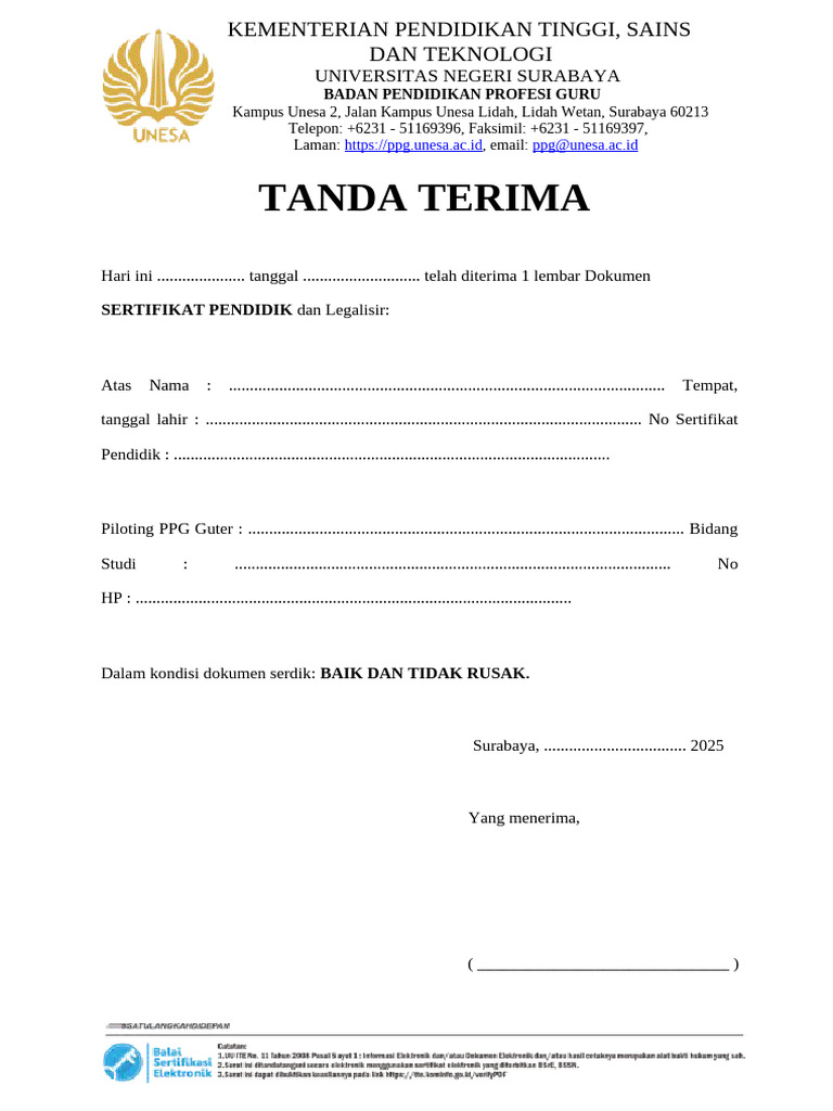Tanda Terima Sertifikat Pendidik Unesa | PDF