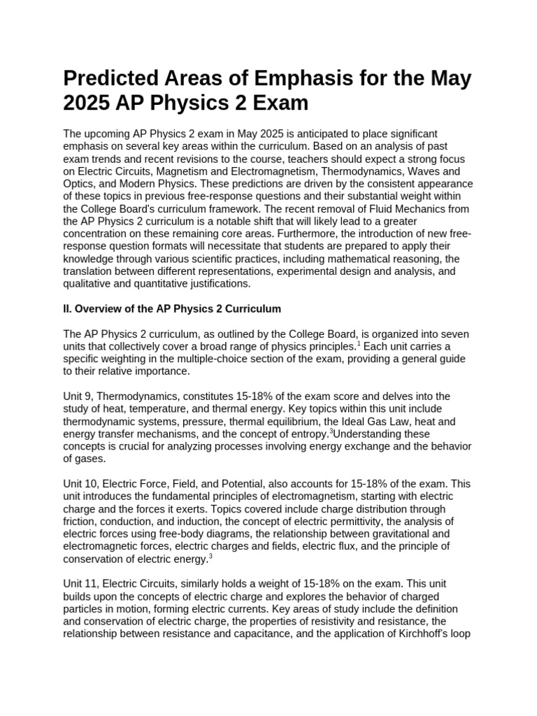 Predicted Areas of Emphasis For The May 2025 AP Physics 2 Exam | PDF ...