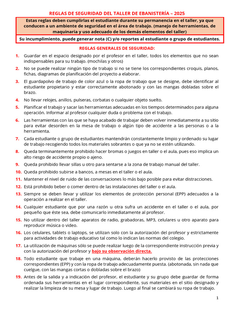 Reglas de Seguridad en Taller de Ebanistería 2025 | PDF