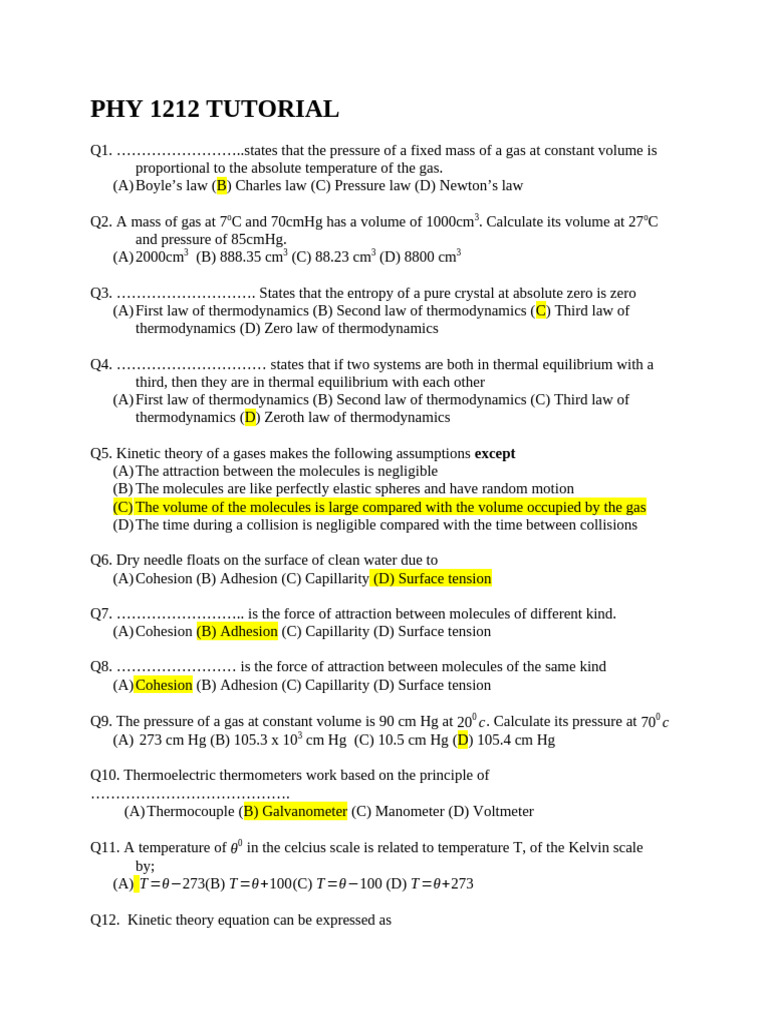 Physics 1212 Tutorial Questions and Answers | PDF | Heat | Gases