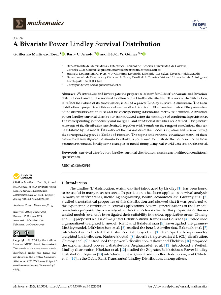 A Bivariate Power Lindley Survival Distribution | PDF | Statistical ...