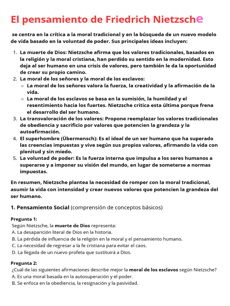 El Pensamiento de Friedrich Nietzsche | PDF | Moralidad | Friedrich Nietzsche