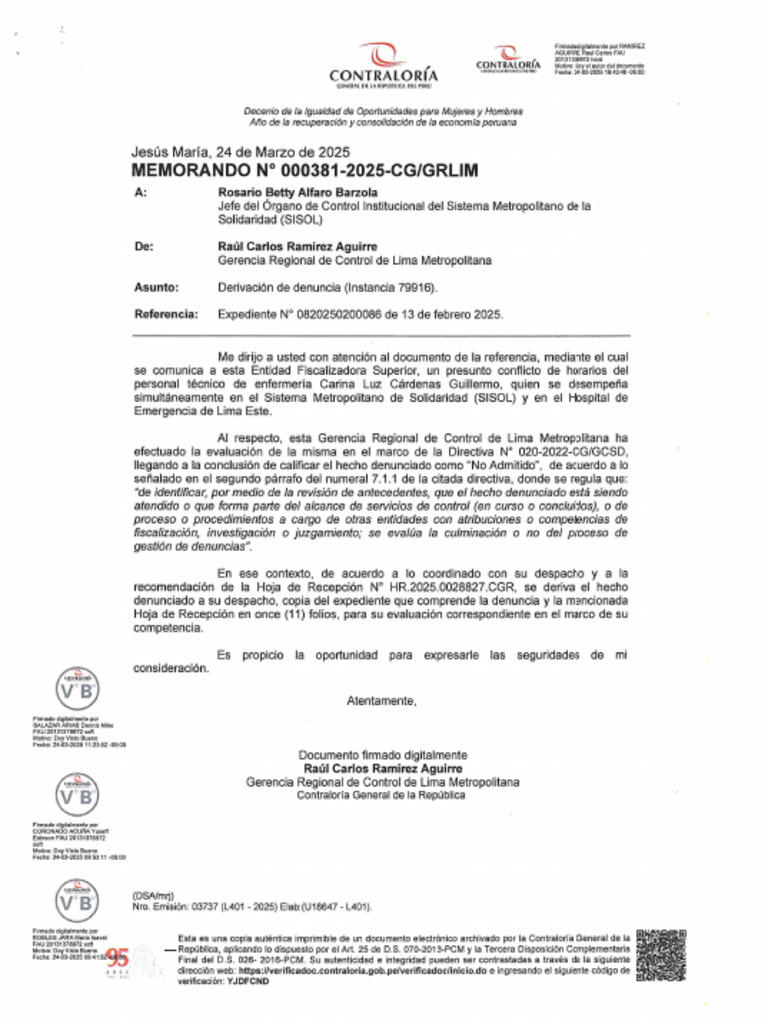 Memorando N.° 000381-2025-CG-GRLIM - Derivacion de Denuncia Instancia ...
