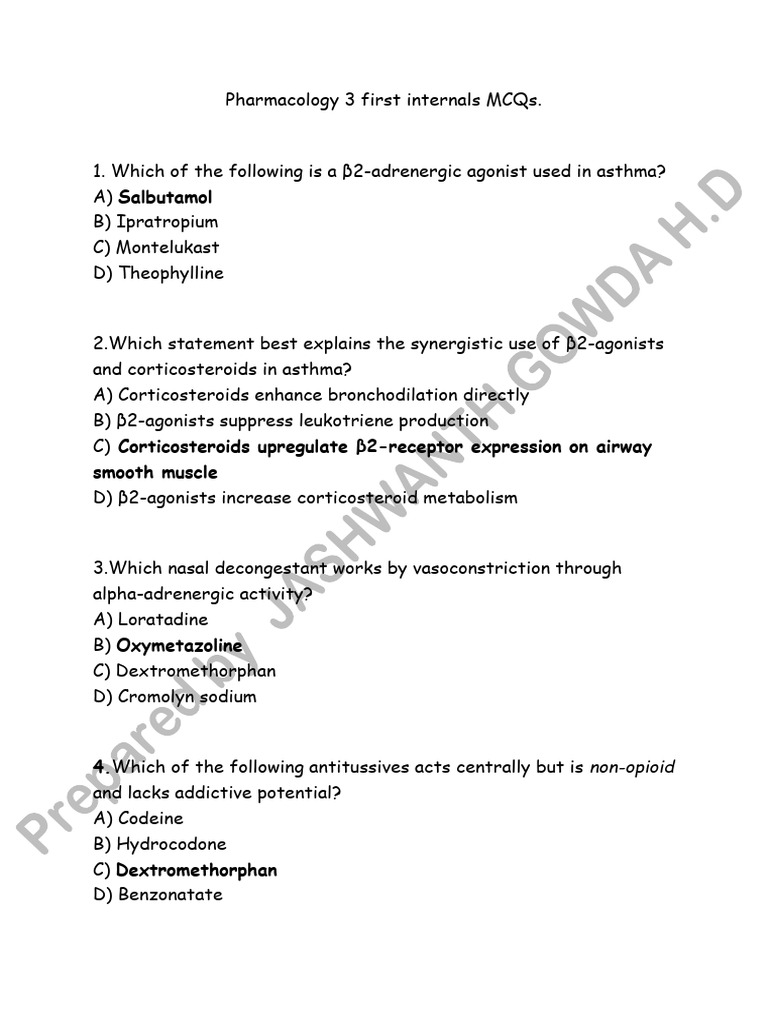 Pharmacology 3 First Internals MCQs-1 | PDF