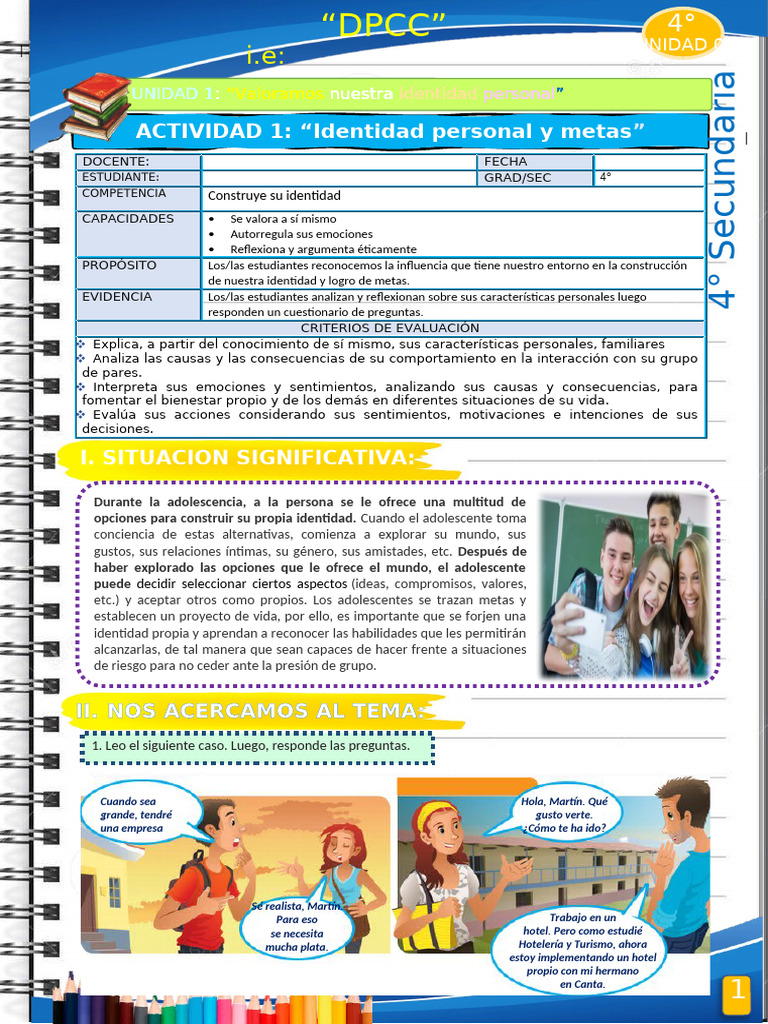 Ficha de Actividad S1 (U1) (4° Grado) - DPCC | PDF | Motivación | Motivacional