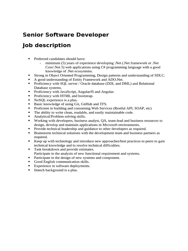 Senior Software Developer Job Description | PDF