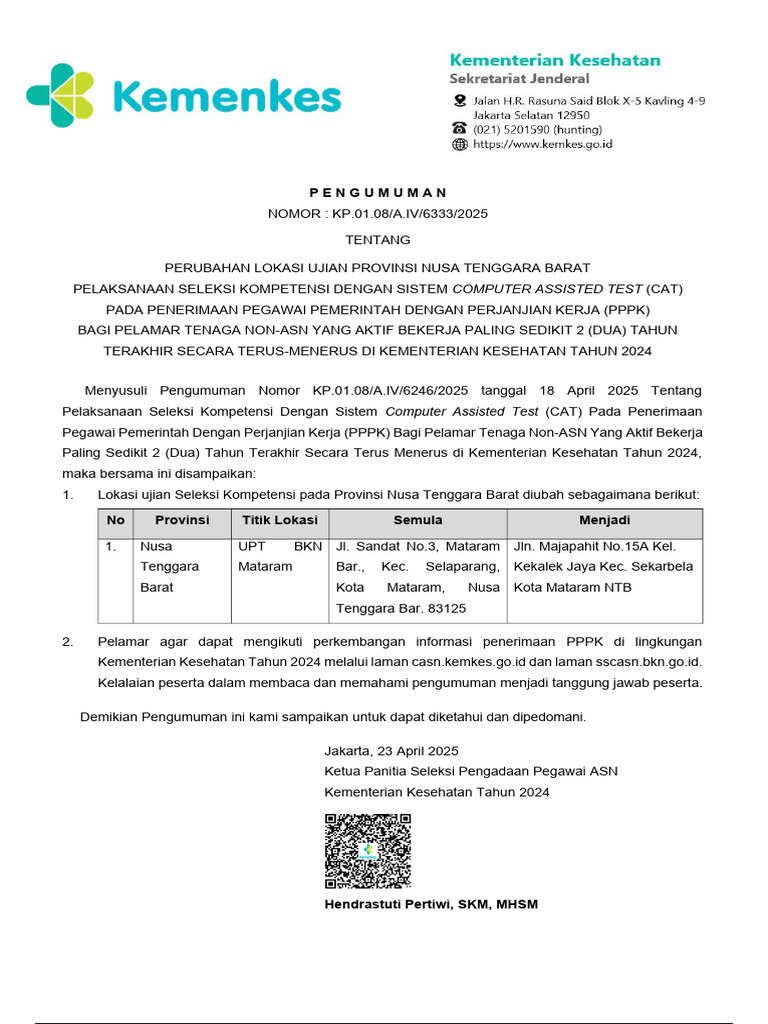 Pengumuman Perubahan Tilok Mataram PPPK 2024 Tahap Ii | PDF