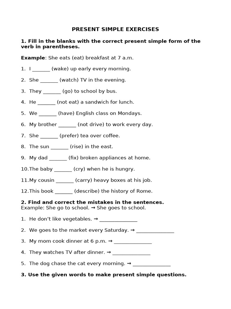 Present Simple Exercises | PDF | Lunch | Eating Behaviors Of Humans
